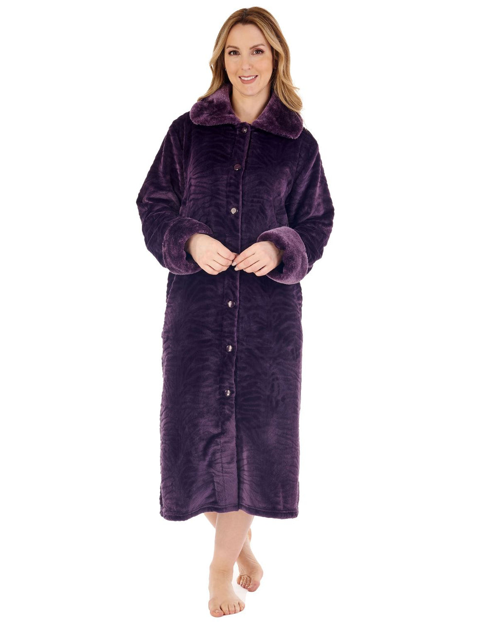 Slenderella Womens Faux Fur Collar Embossed Button Dressing Gown ...