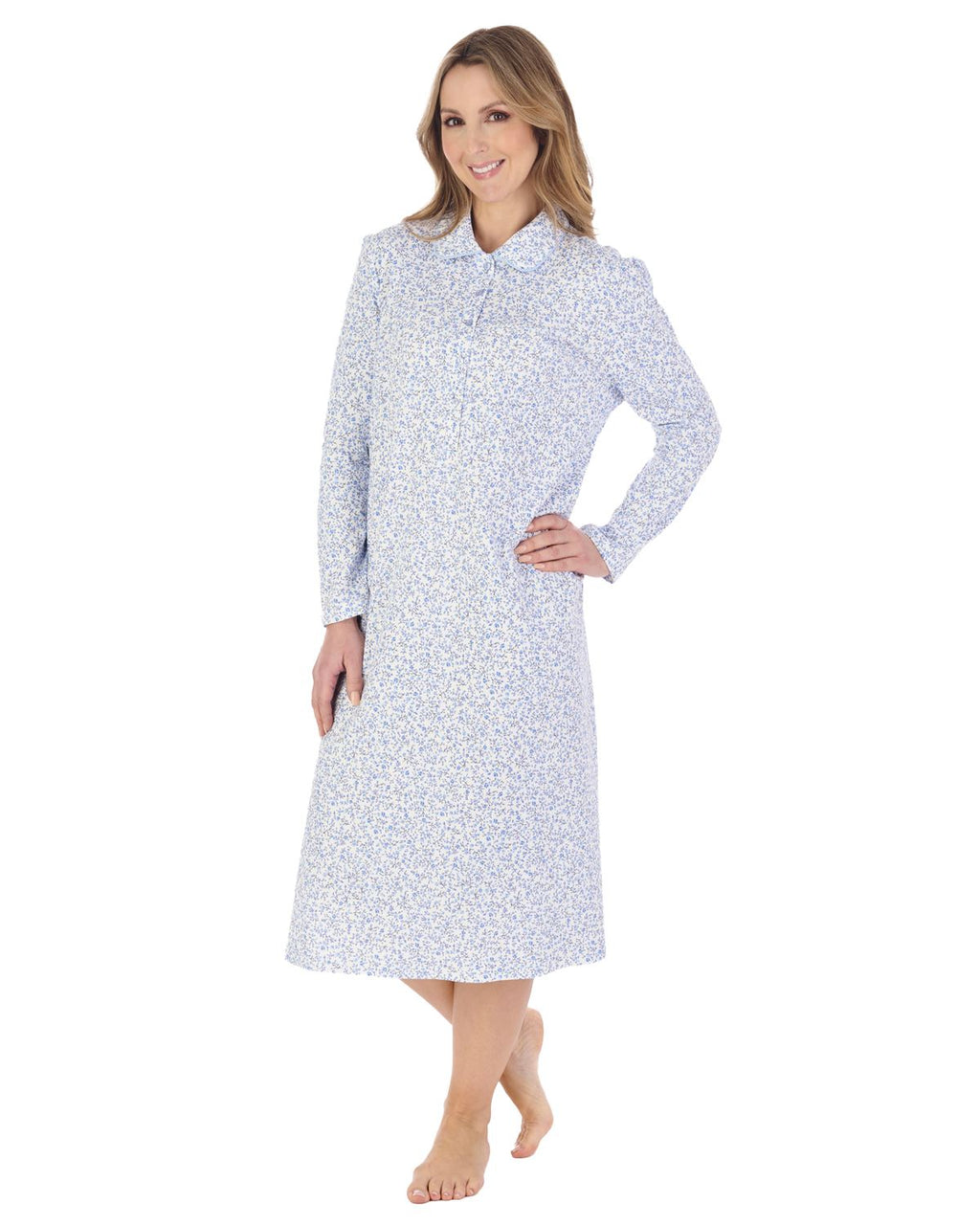Slenderella Womens 45" Long Sleeve Collared Interlock Cotton Nightie ...