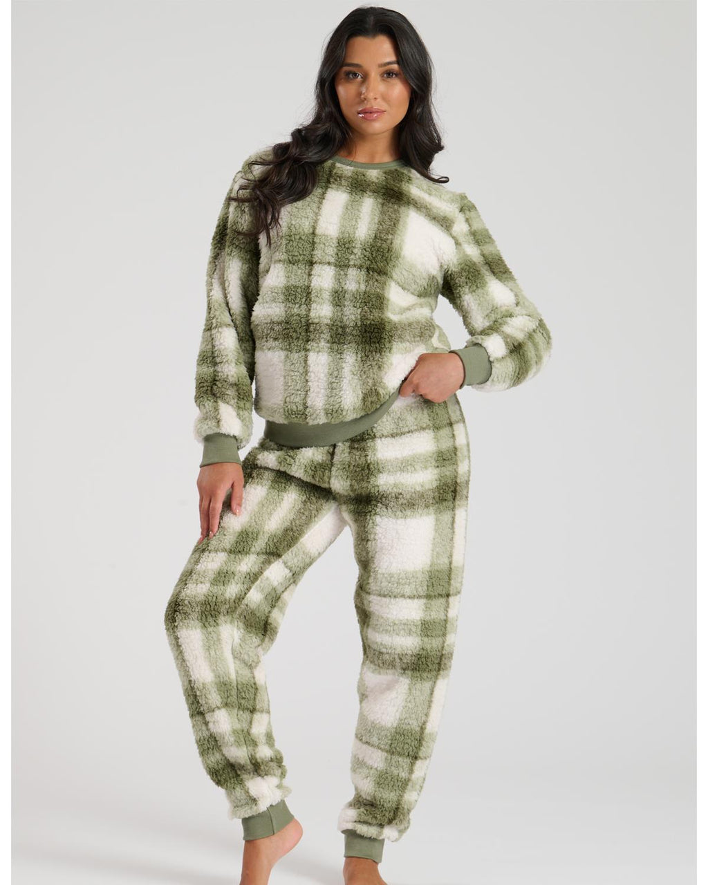 Loungeable Womens Green Check Borg Fleece Pyjamas – Slumber Hut