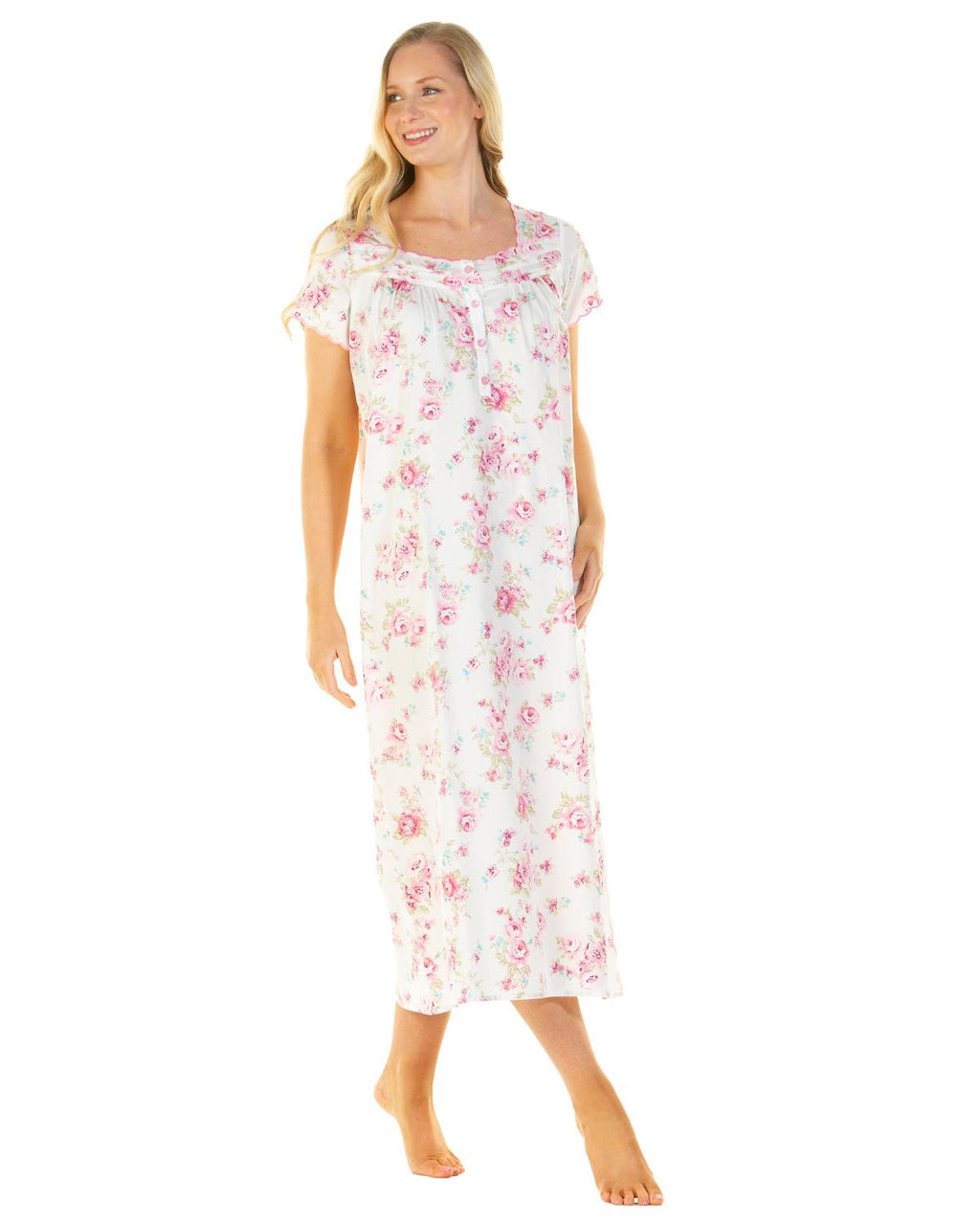 Sue Marks Womens Cotton Roses Short Sleeve Longer Length 50" Nightie ...